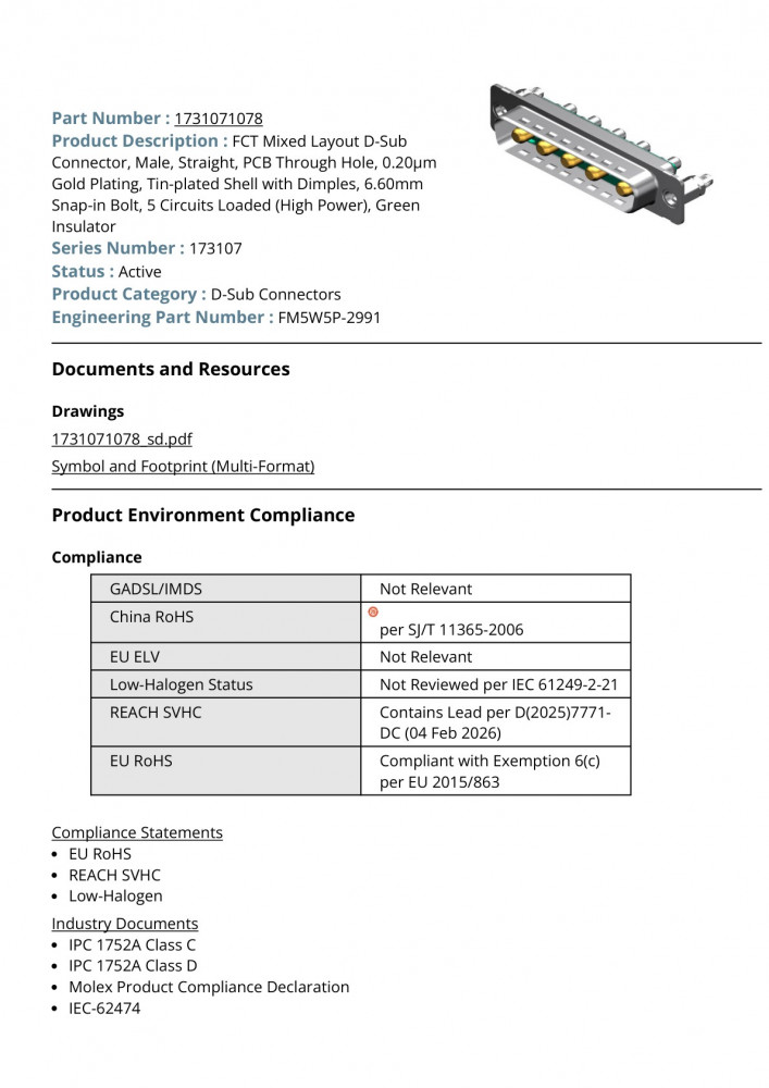 MOLEX 1731071078 technical drawing, page 1