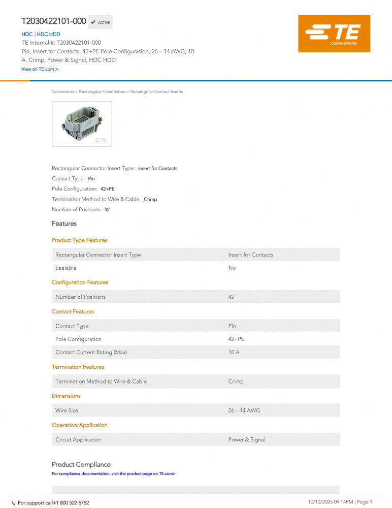 TE Connectivity technical document page 1