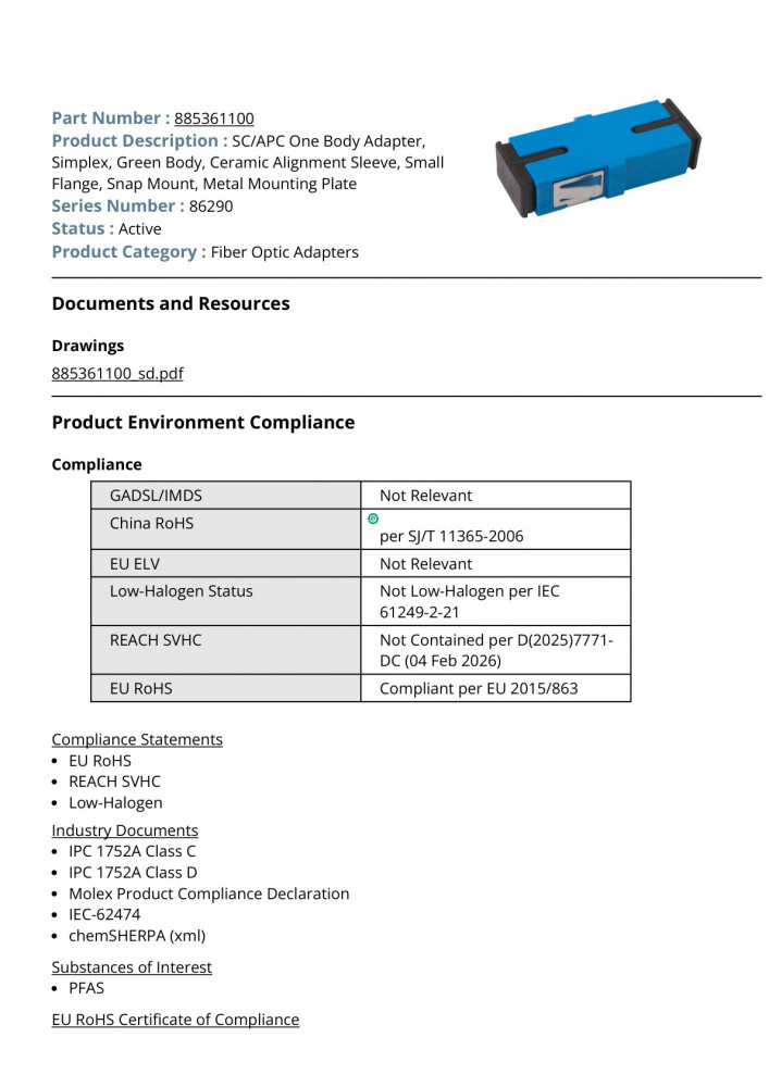 MOLEX 885361100 product drawing preview, page 1