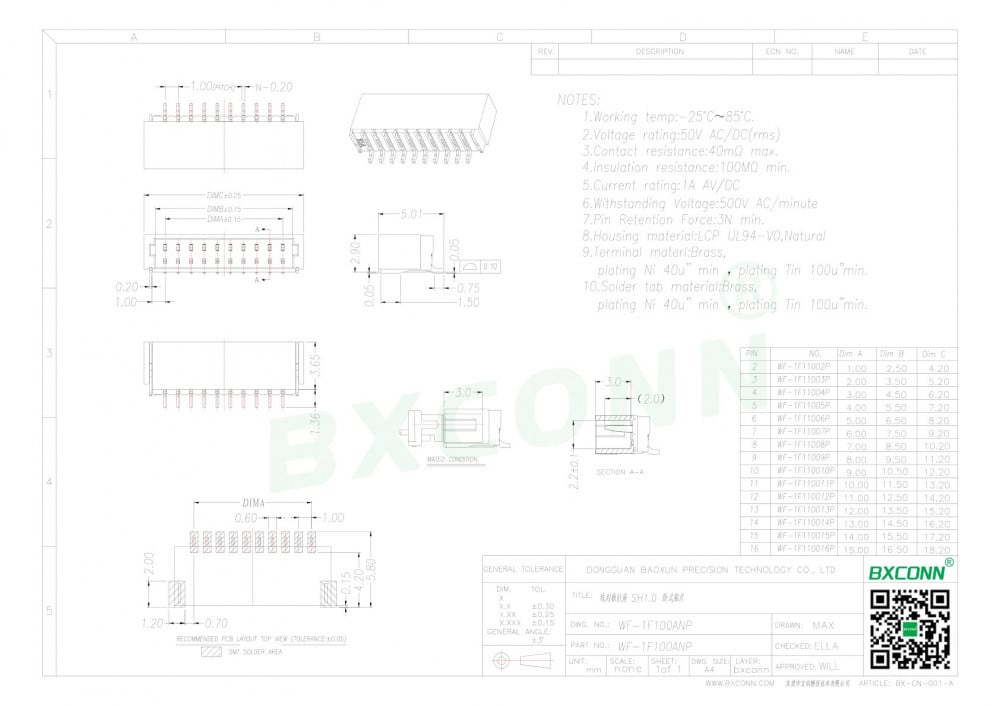 BXCONN WF-1F100A13P drawing page 1