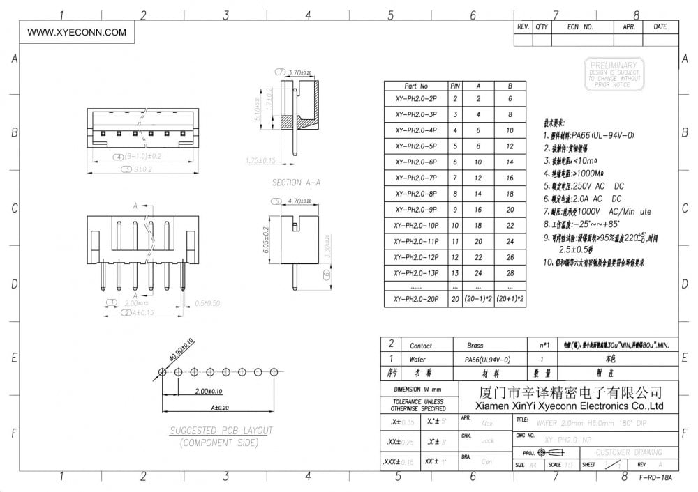 XYECONN XY-PH2.0-NP 2.0 mm H6.0 mm 180 degree DIP wafer drawing