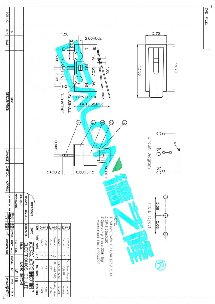 DEALON LF-118 micro switch technical drawing