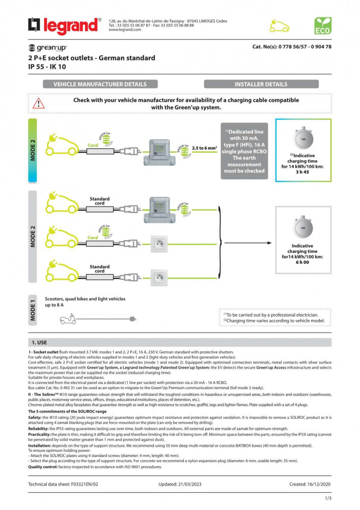 Legrand Green'up Access technical document, page 1