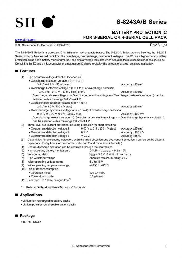S-8243BAFFT-TB-G datasheet page 1