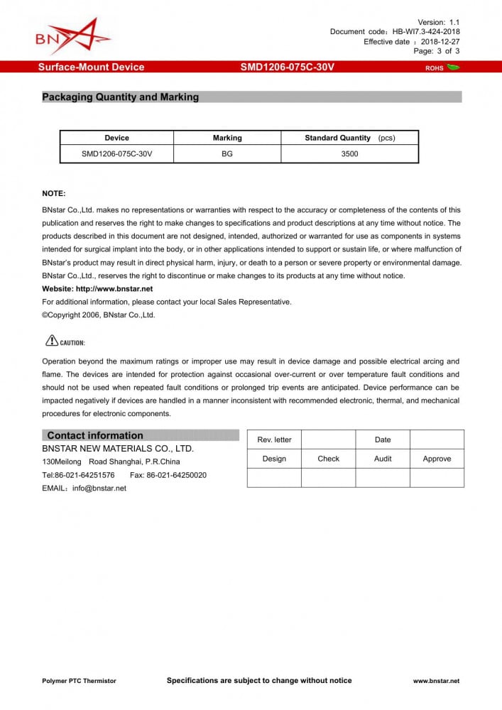 BNstar SMD1206-075C-30V datasheet page 3
