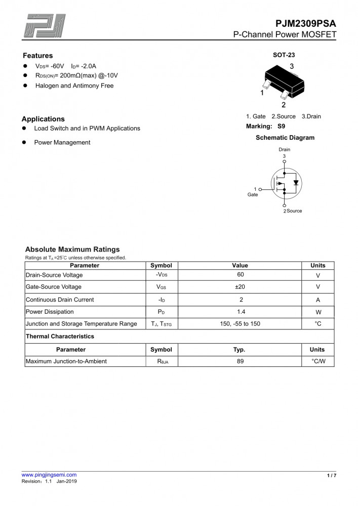 PJM2309PSA datasheet page 1