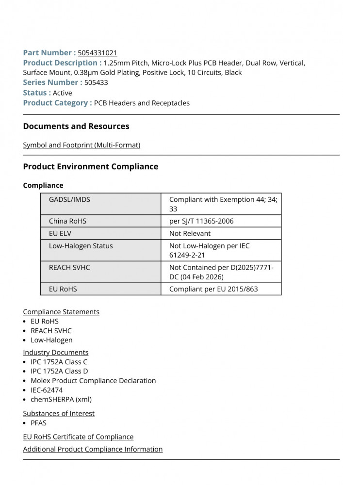 Product document image 1 for MOLEX 5054331021