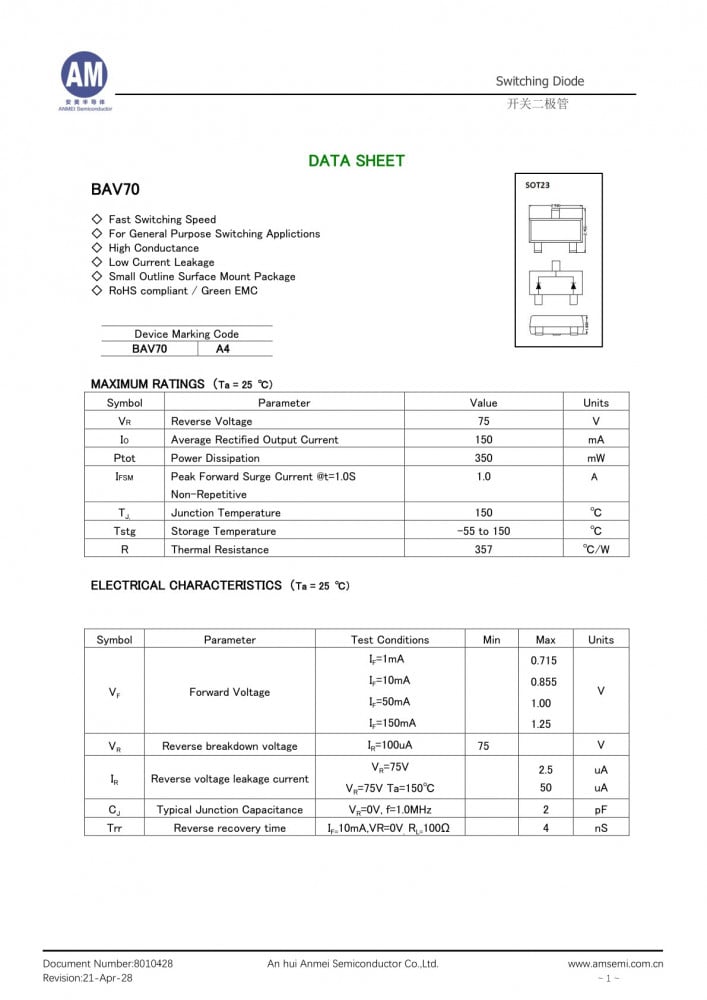 BAV70 datasheet page 1
