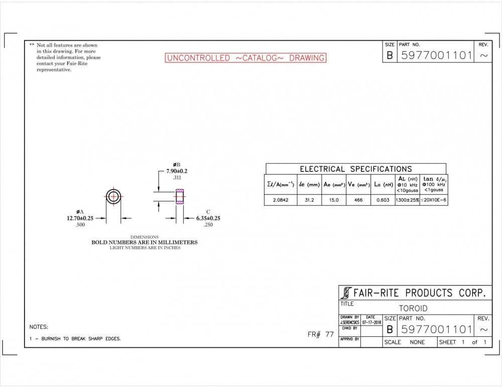 Fair-Rite 5977001101 technical document preview