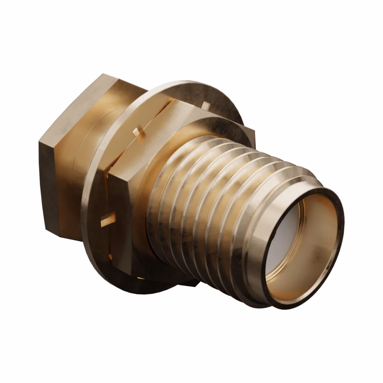 SMA Jack, Straight, Bulkhead, Solder Cup Contact, Nut and Lockwasher Included, Body Stainless Steel, Gold (Au) Plated, Bag, 50 Ohms for sale