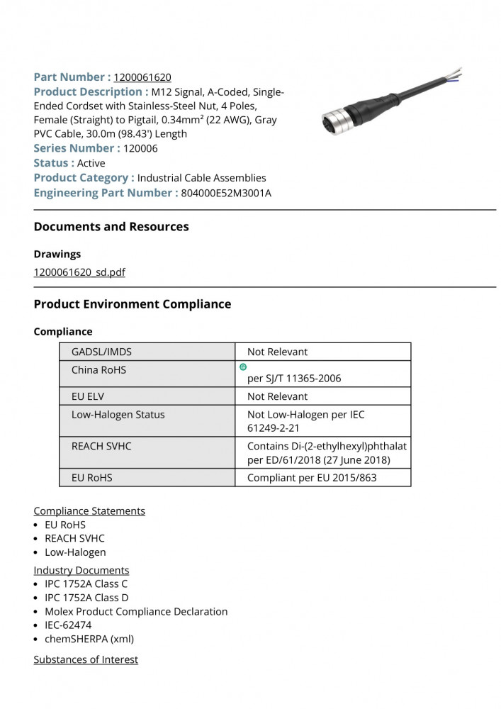 MOLEX M12 cable assembly drawing, sheet 1