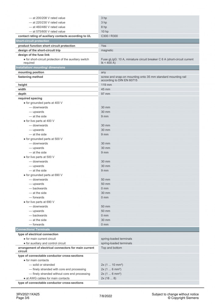 SIEMENS 3RV20211KA25 technical document page 3