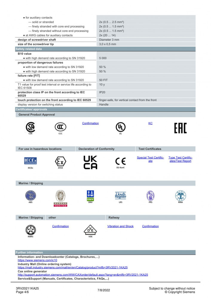 SIEMENS 3RV20211KA25 technical document page 4