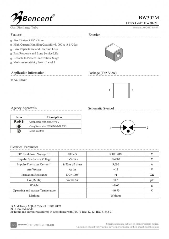 BW302M datasheet page 1
