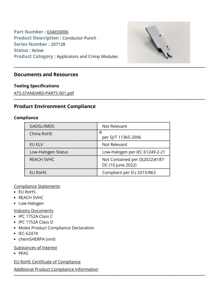 Technical document page 1 for MOLEX tooling