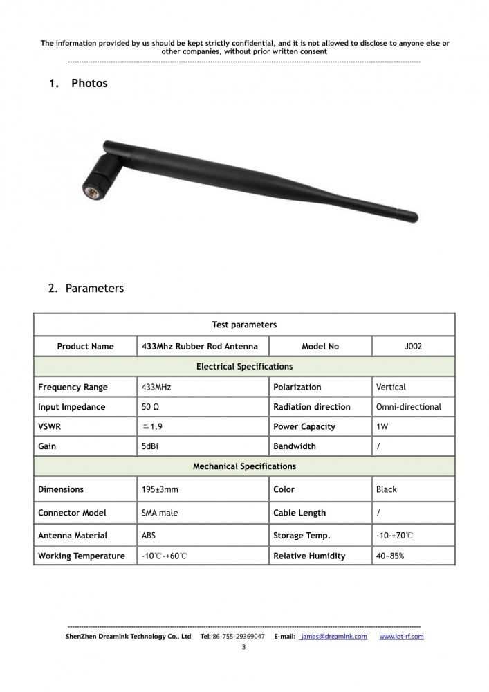 DL-J002 433M specification document page 3