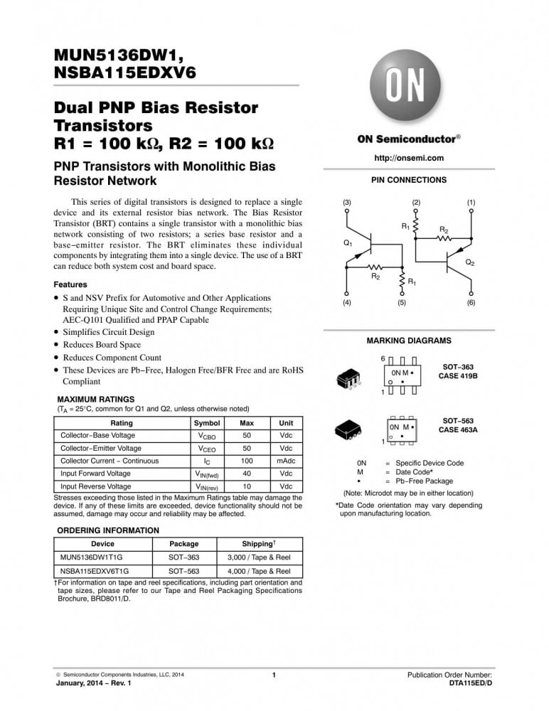 NSBA115EDXV6T1G datasheet page 1