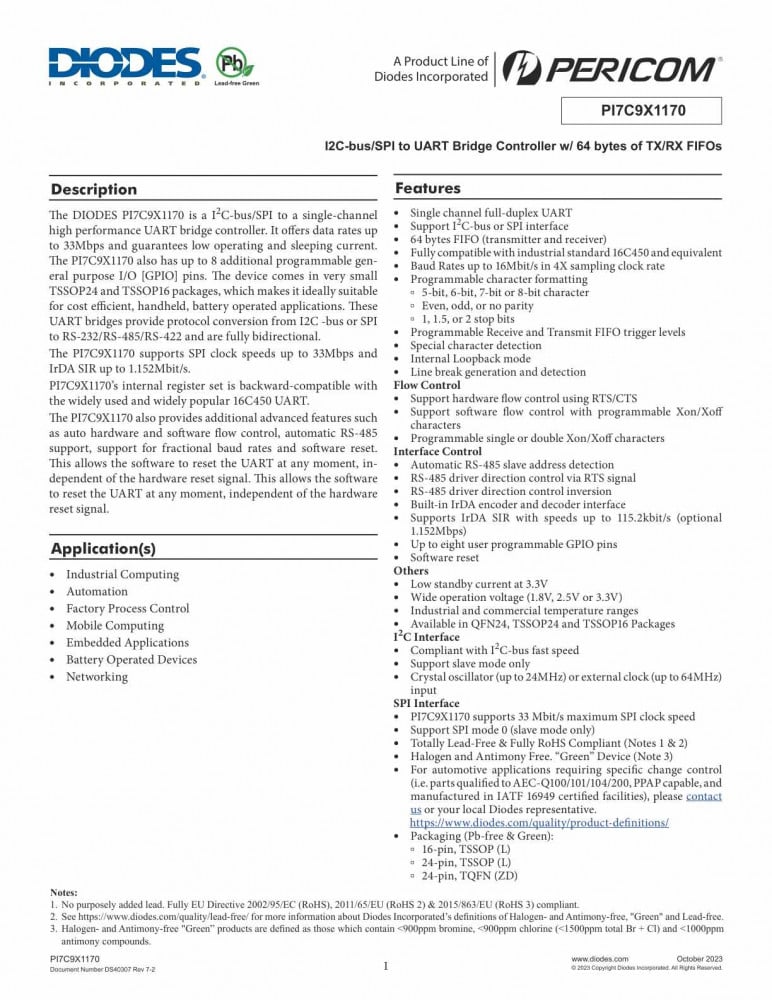 PI7C9X1170 datasheet page 1