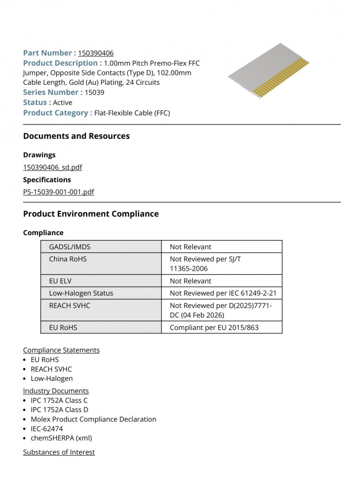 Molex 1.00 mm pitch FFC family specification, page 1