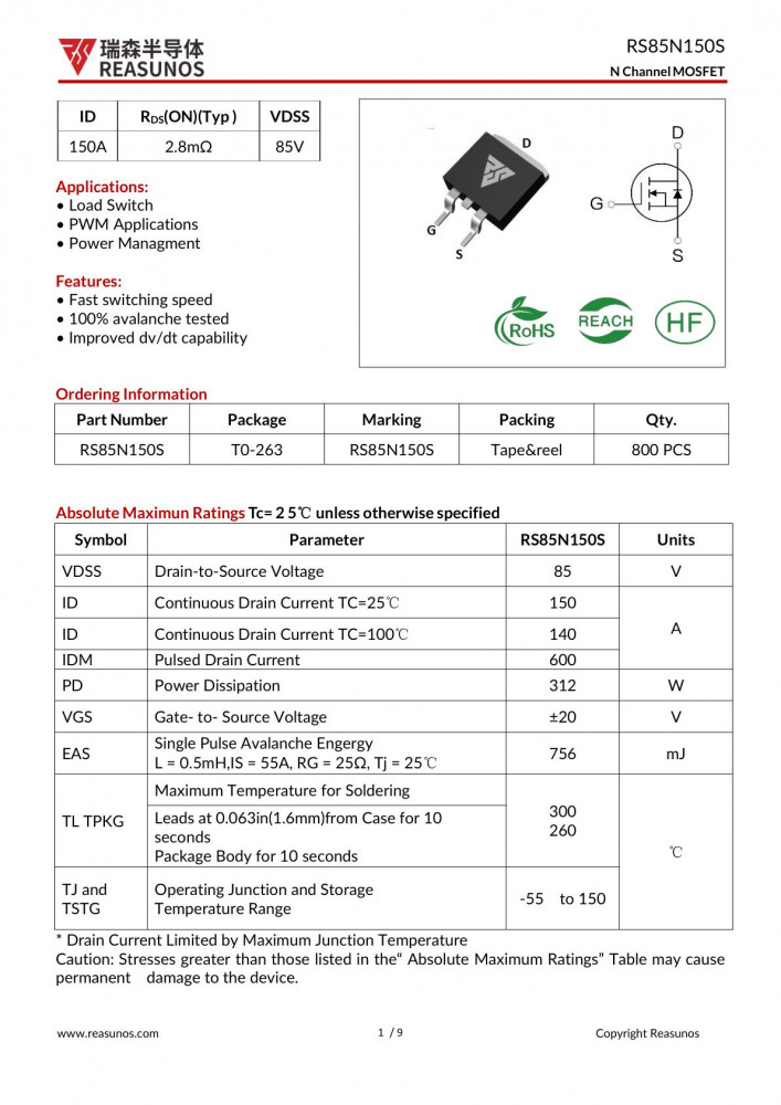 RS85N150S datasheet page 1