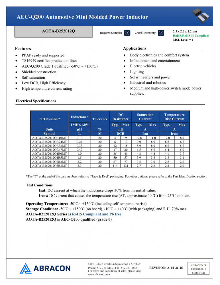 AOTA-B252012Q series datasheet page 1
