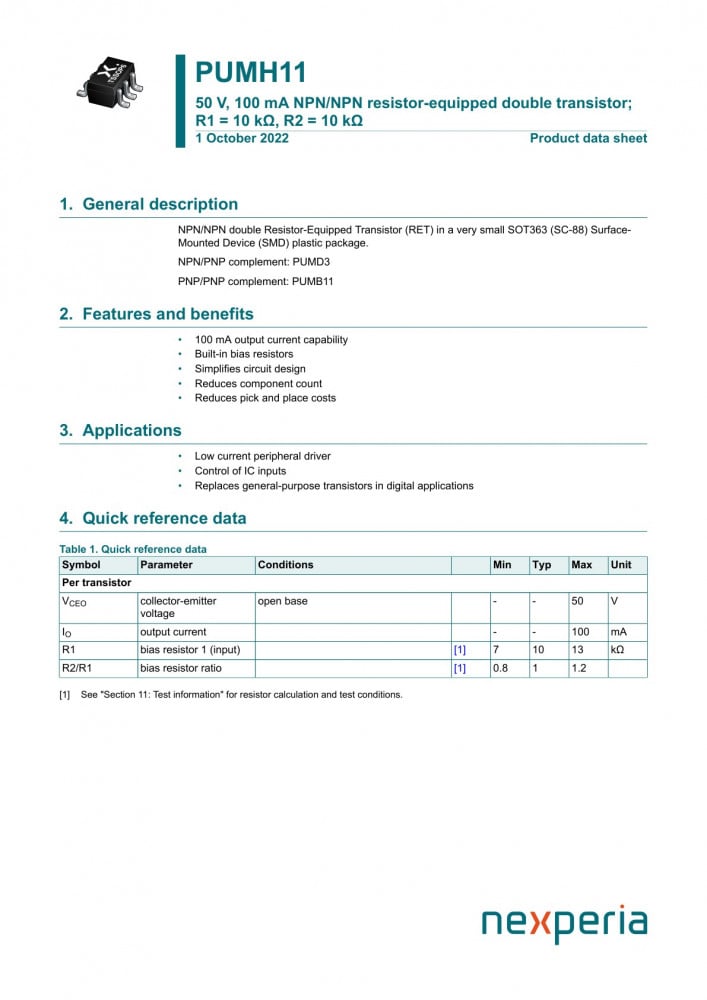 PUMH11 datasheet page 1