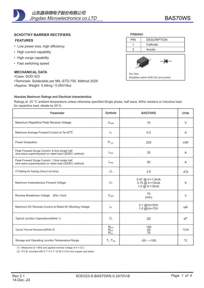 BAS70WS datasheet page 1