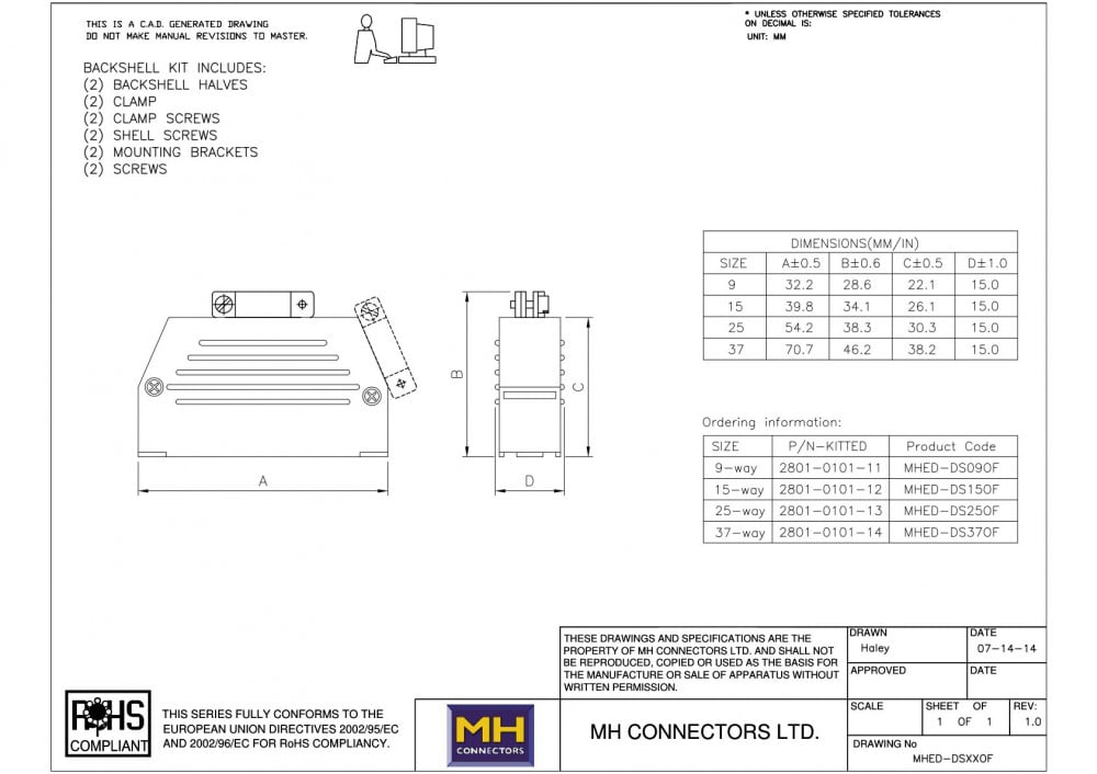 MH CONNECTORS MHED-DS37OF-K technical drawing
