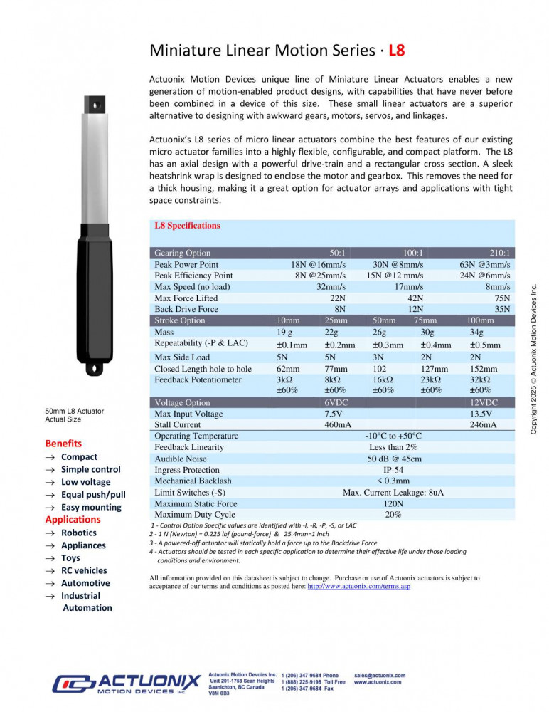 Actuonix L8 datasheet page 1