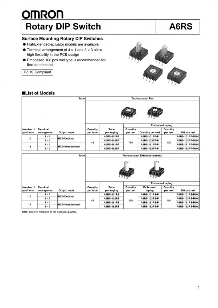 OMRON A6RS rotary DIP switch documentation page 1
