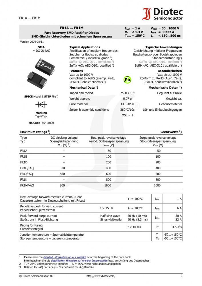 DIOTEC FR1K datasheet page image 1