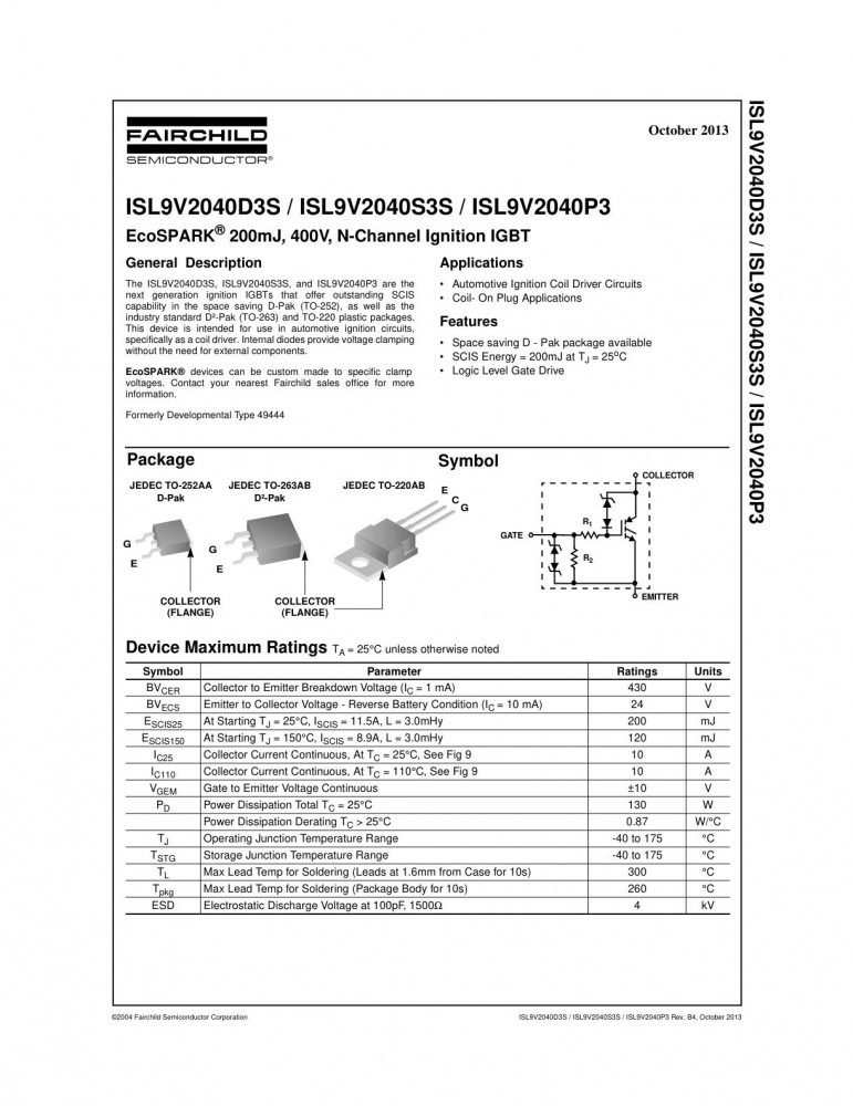 ISL9V2040S3S datasheet page 1