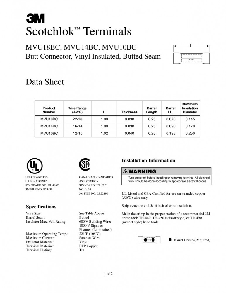 3M Scotchlok MVU18BCX technical datasheet page 1