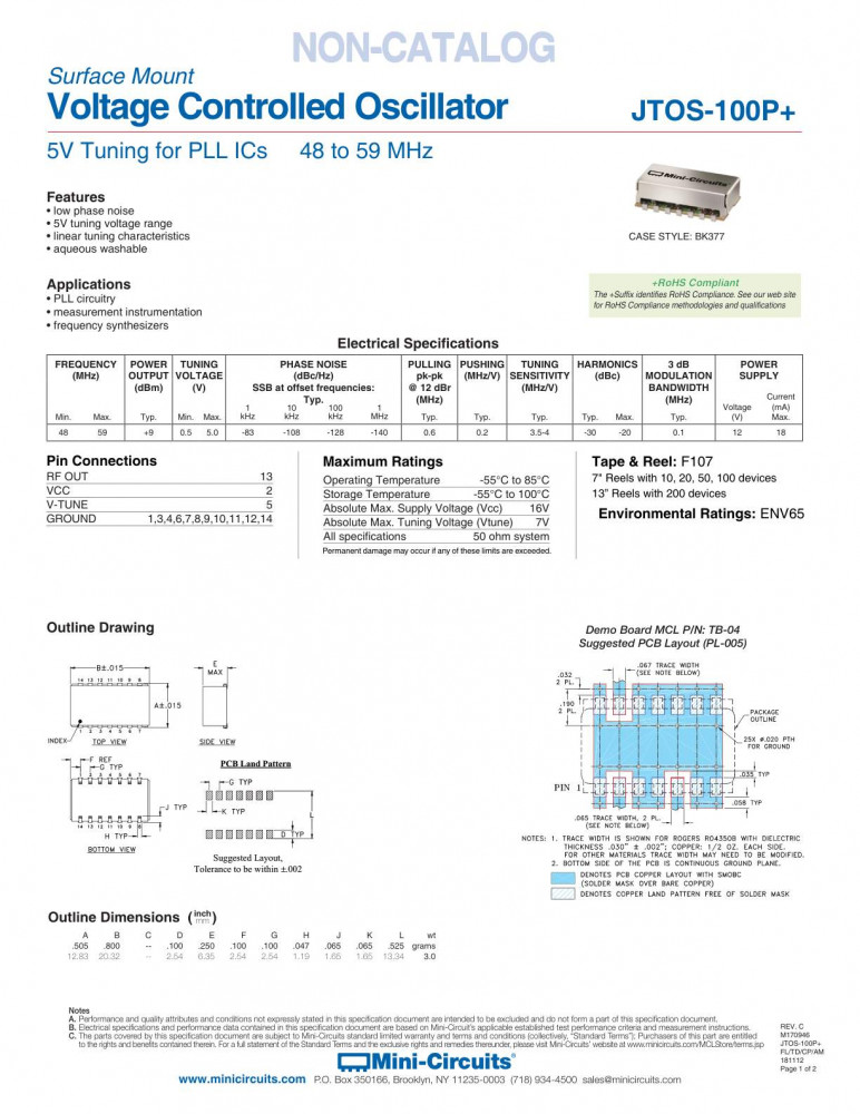 JTOS-100P+ datasheet page 1: electrical specifications, pin connections, maximum ratings and package information