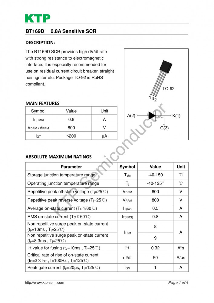 BT169D(KTP) datasheet page 1