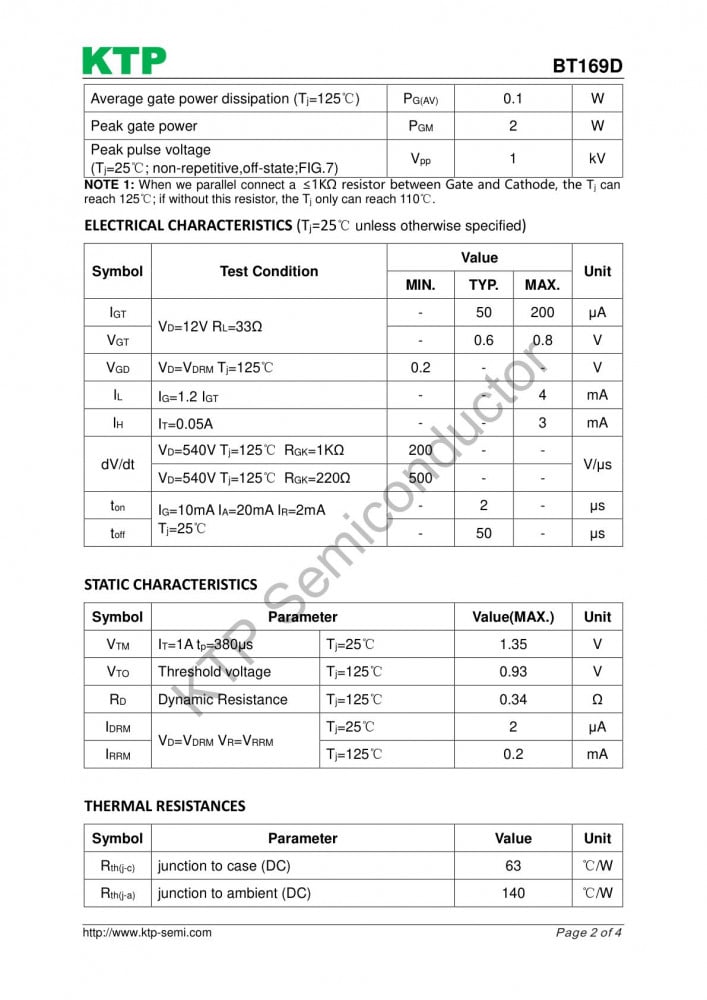 BT169D(KTP) datasheet page 2
