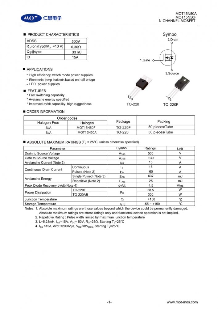 MOT15N50F datasheet page 1