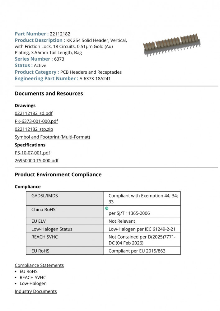 MOLEX 22112182 technical document image, page 1