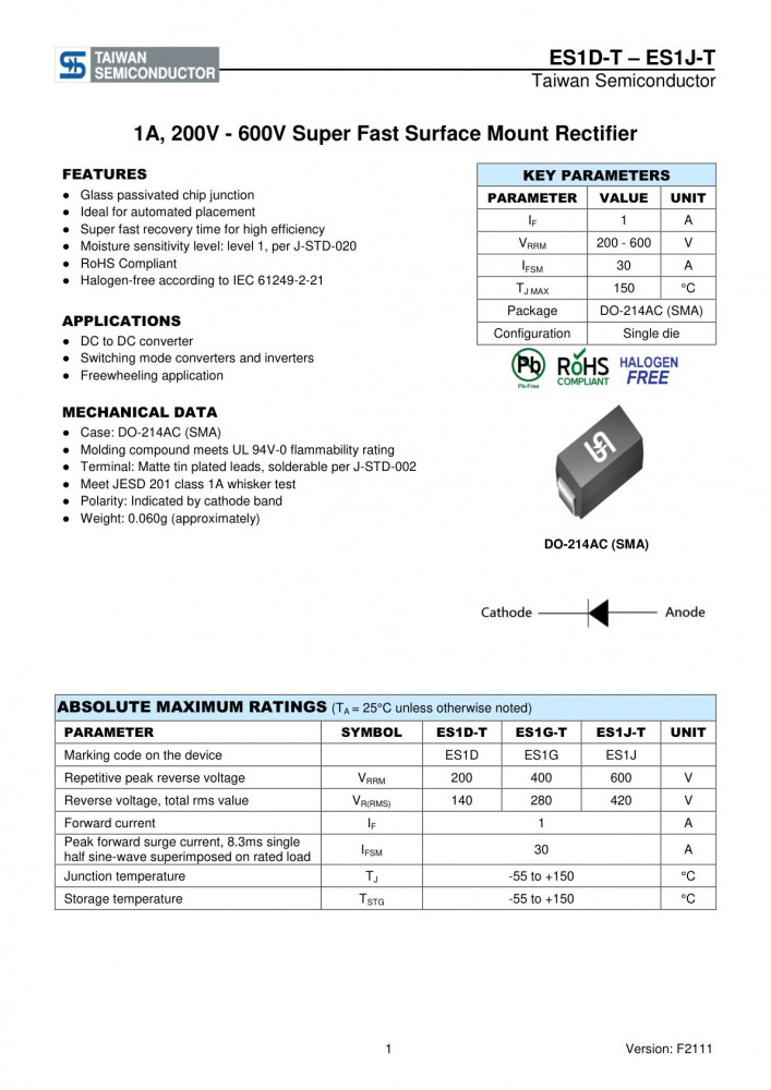 ES1D-T datasheet page 1