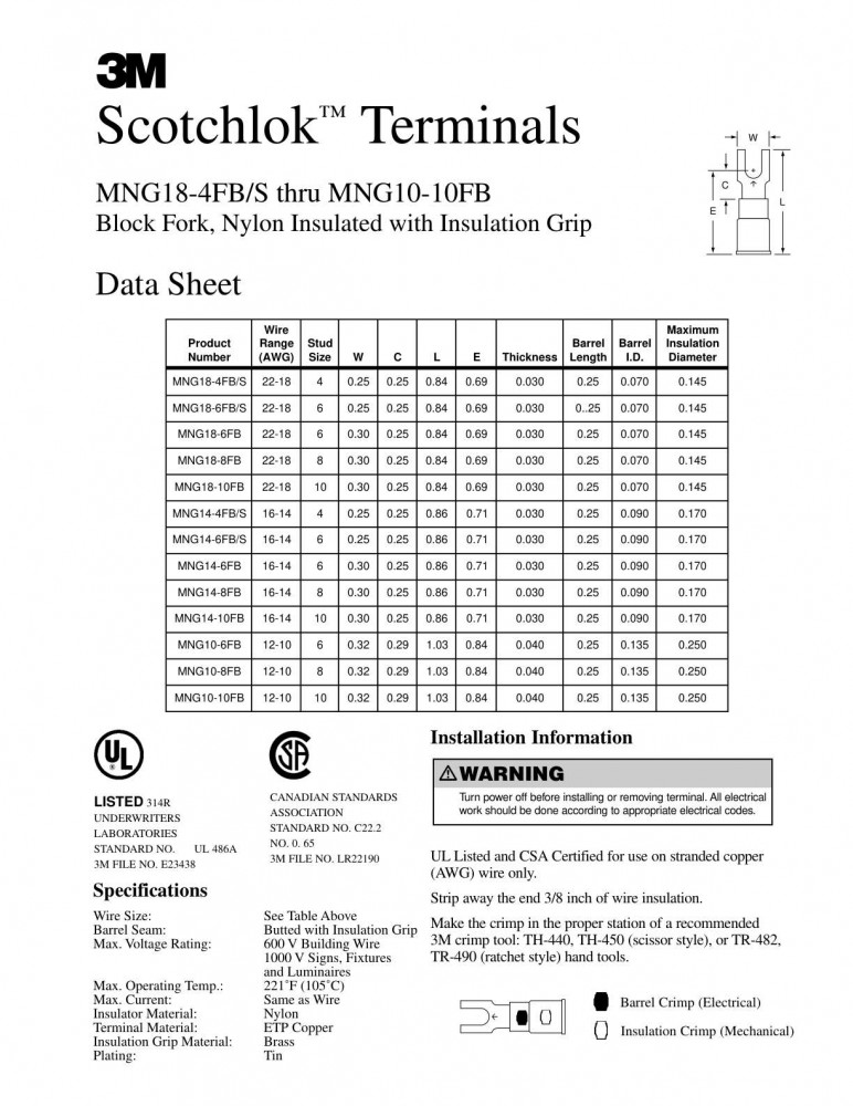 3M Scotchlok MNG14-6FB/SK dimensional and product data sheet