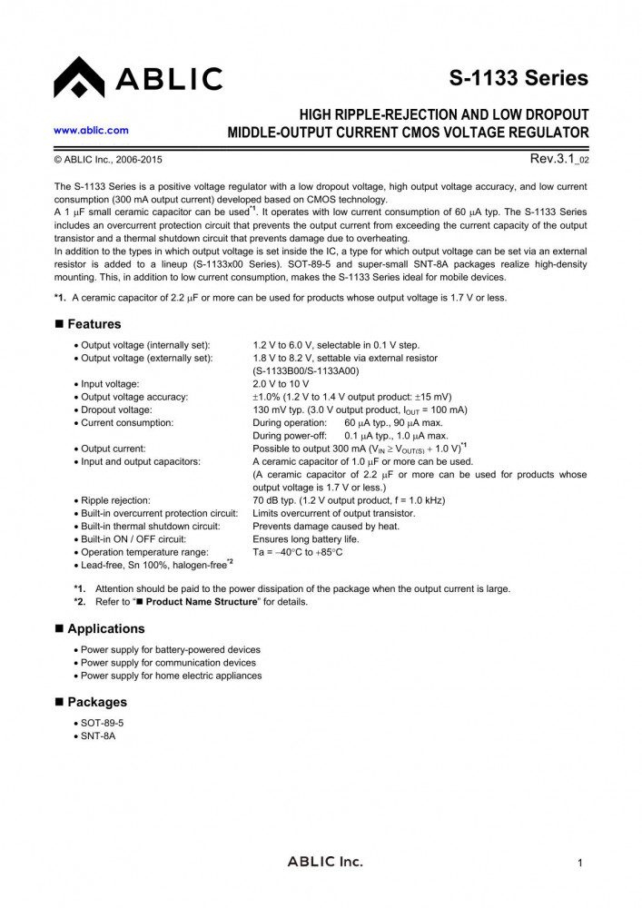 S-1133 datasheet page 1