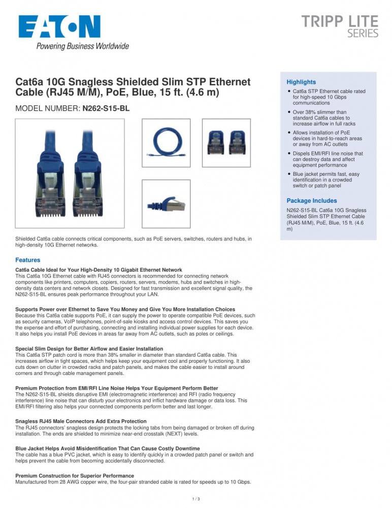 EATON N262-S15-BL technical document page 1