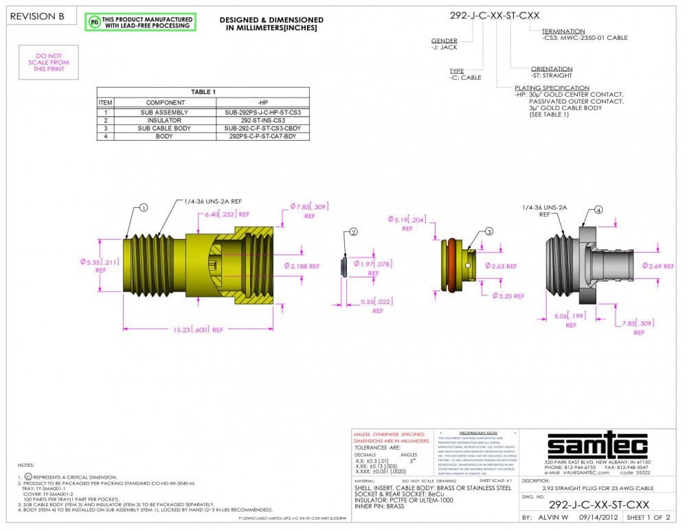Samtec 292-J-C-HP-ST-CS3 technical drawing page 1