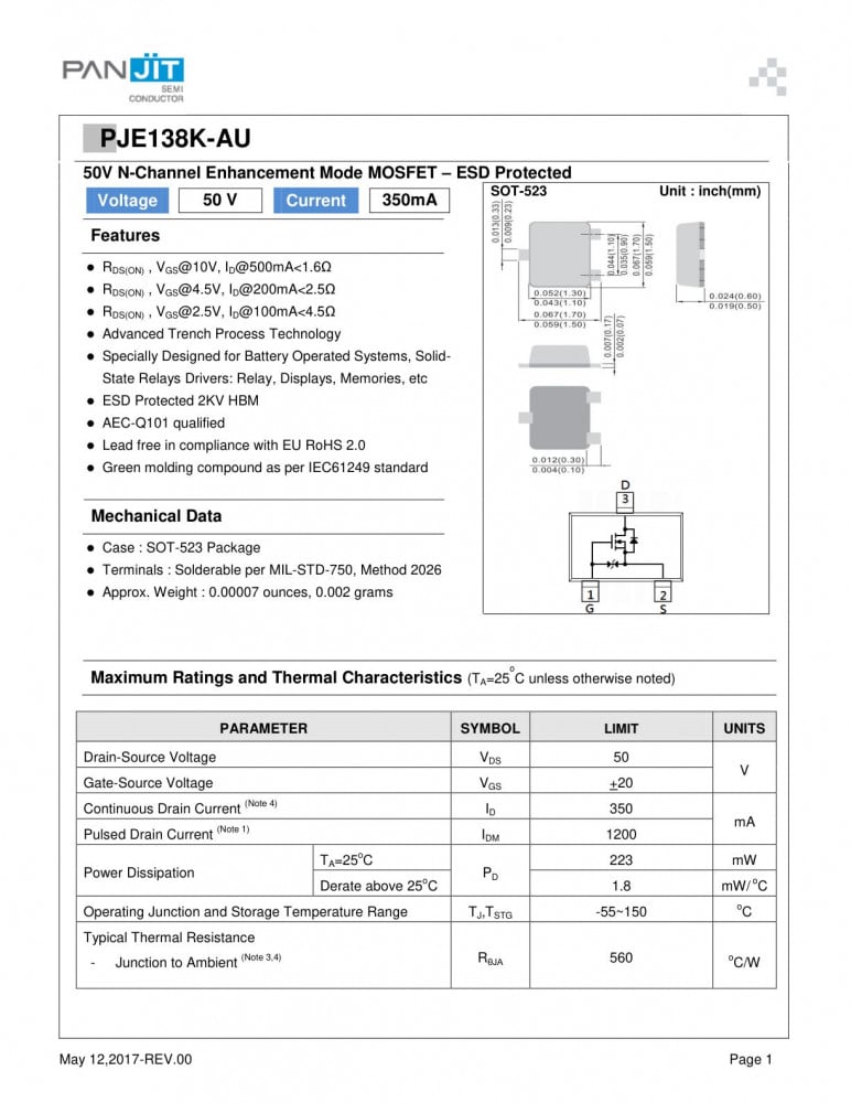 PJE138K-AU datasheet page 1