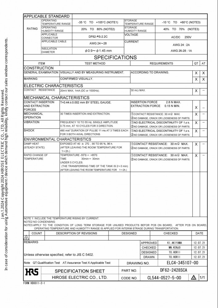 HRS DF62-2428SCA specification sheet