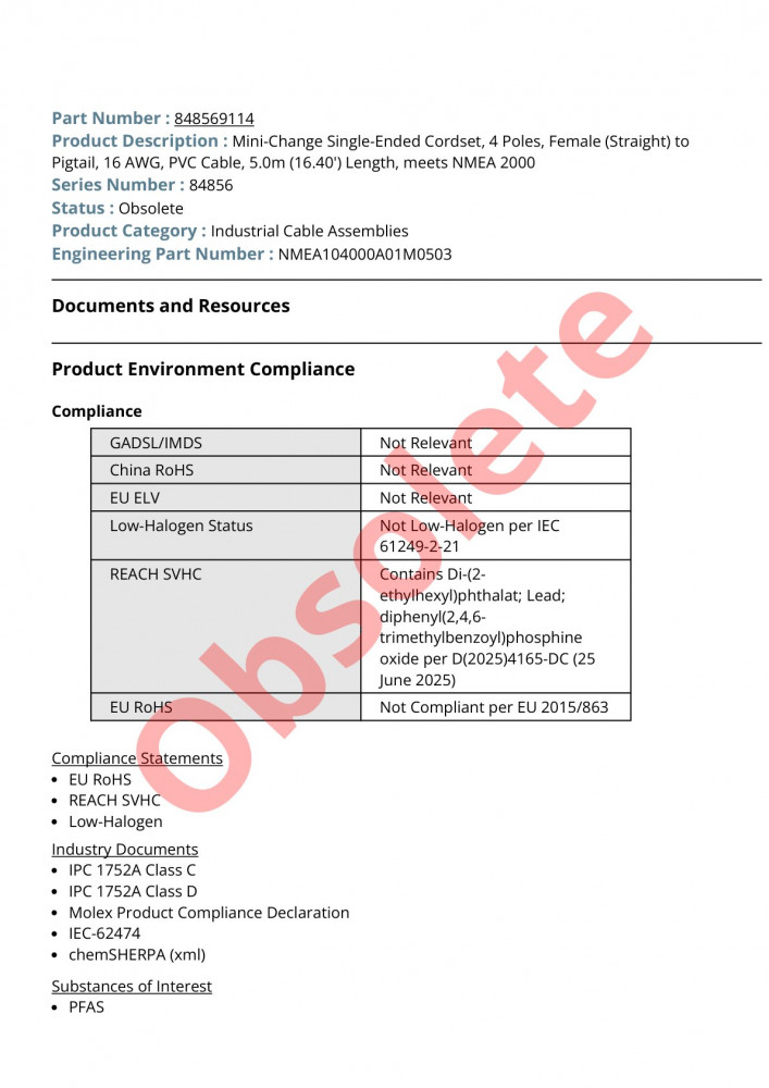 Technical document page 1 for MOLEX 848569114