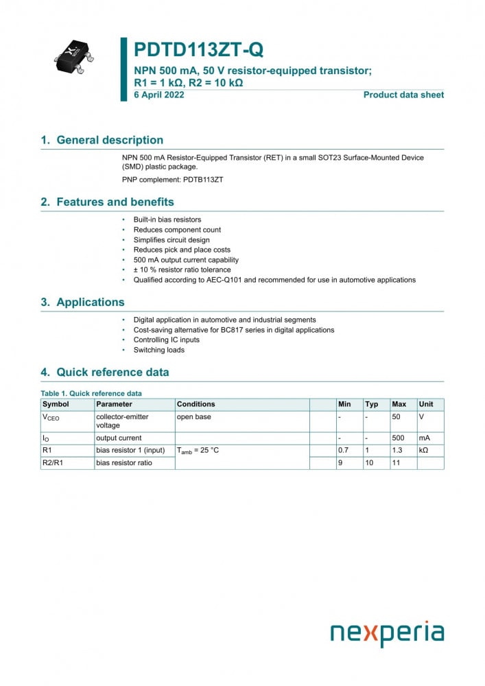 PDTD113ZT-QR datasheet page 1