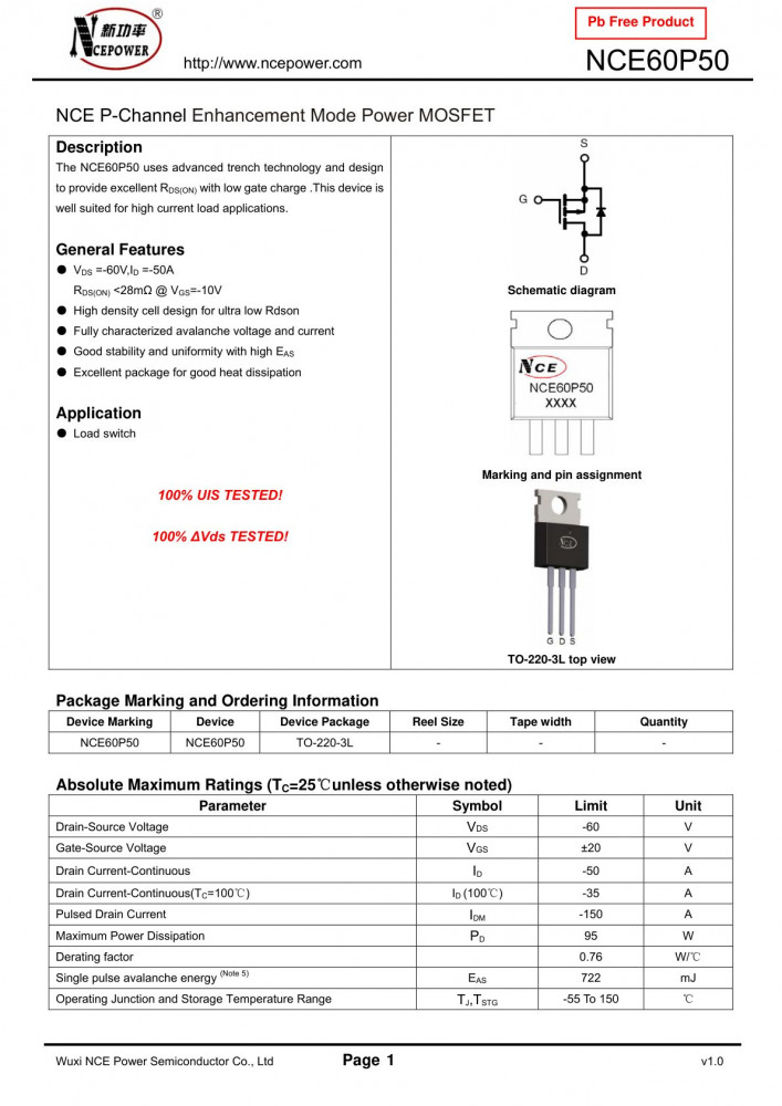 NCE60P50 datasheet page 1
