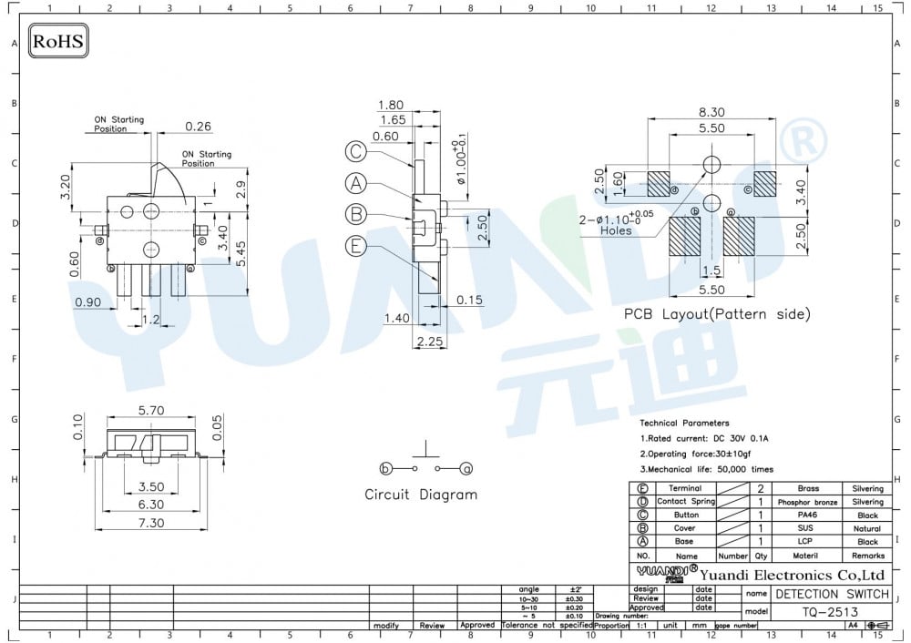 YUANDI TQ-2513 detection switch technical drawing