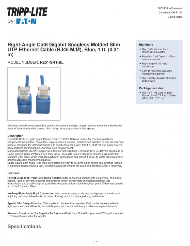 N201-SR1-BL technical document page 1
